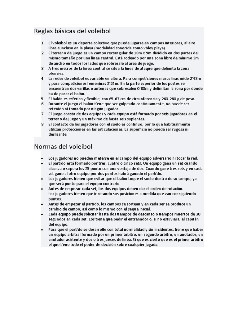 Reglas Básicas Del Voleibol | PDF | Vóleibol | Deportes de equipo