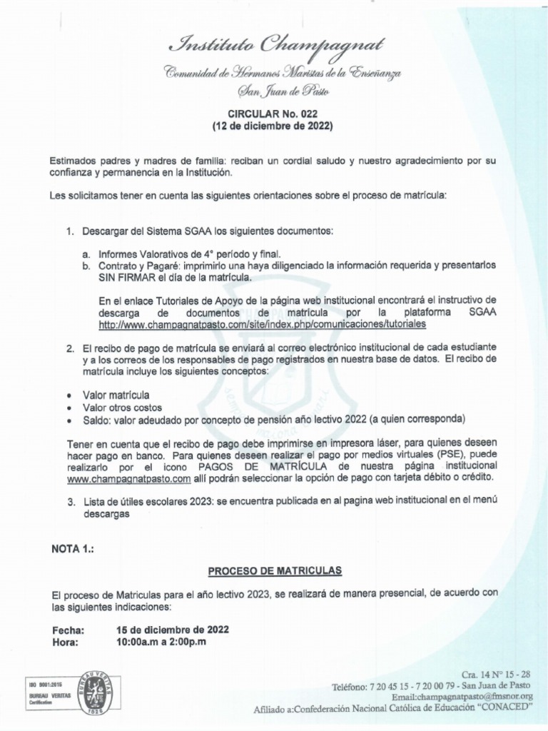 Circular 22 Matriculas 2023 | PDF