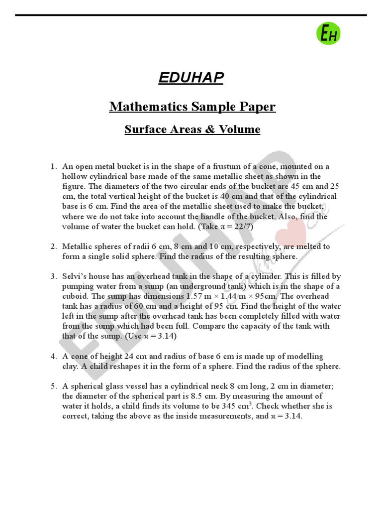 QUESTION BANK SURFACE AREA VOLUME Surface Area and Volume Sample | PDF ...