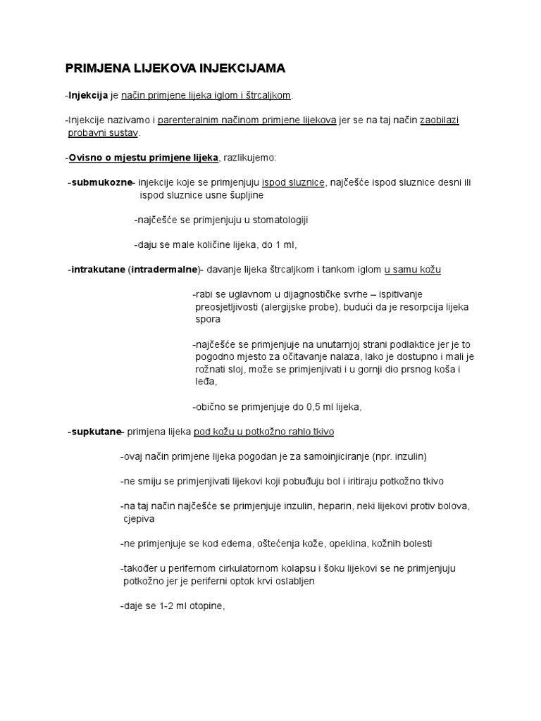 Primjena Lijekova Injekcijama (Parenteralna Primjena Lijekova) | PDF