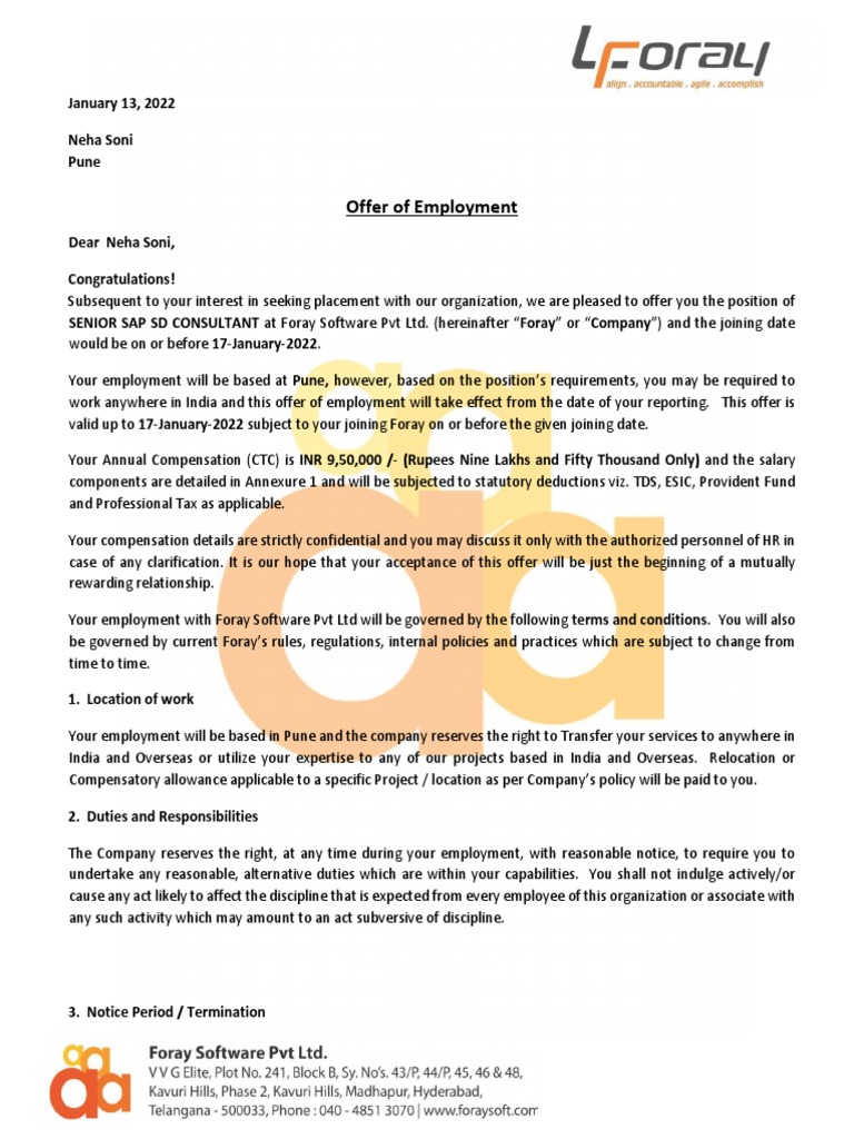 Foray Software SAP SD Consultant Offer | PDF | Confidentiality | Employment
