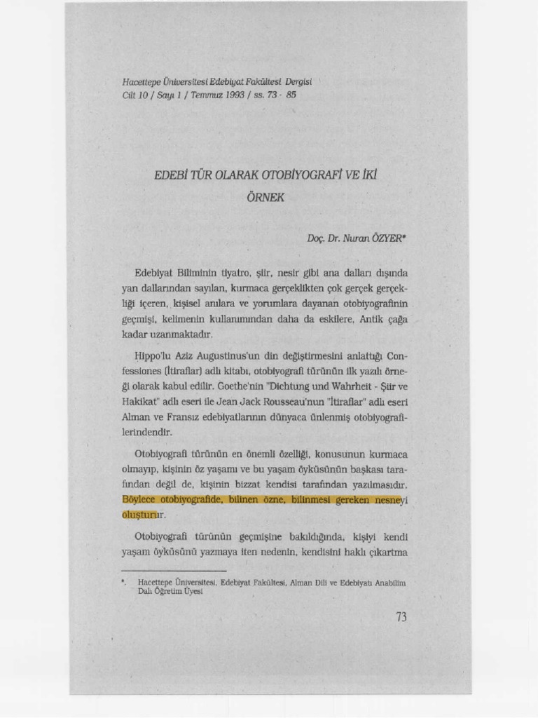 Edebi T - R Olarak Otobiyografi Ve Iki - Rnek (#502566) - 606900 | PDF