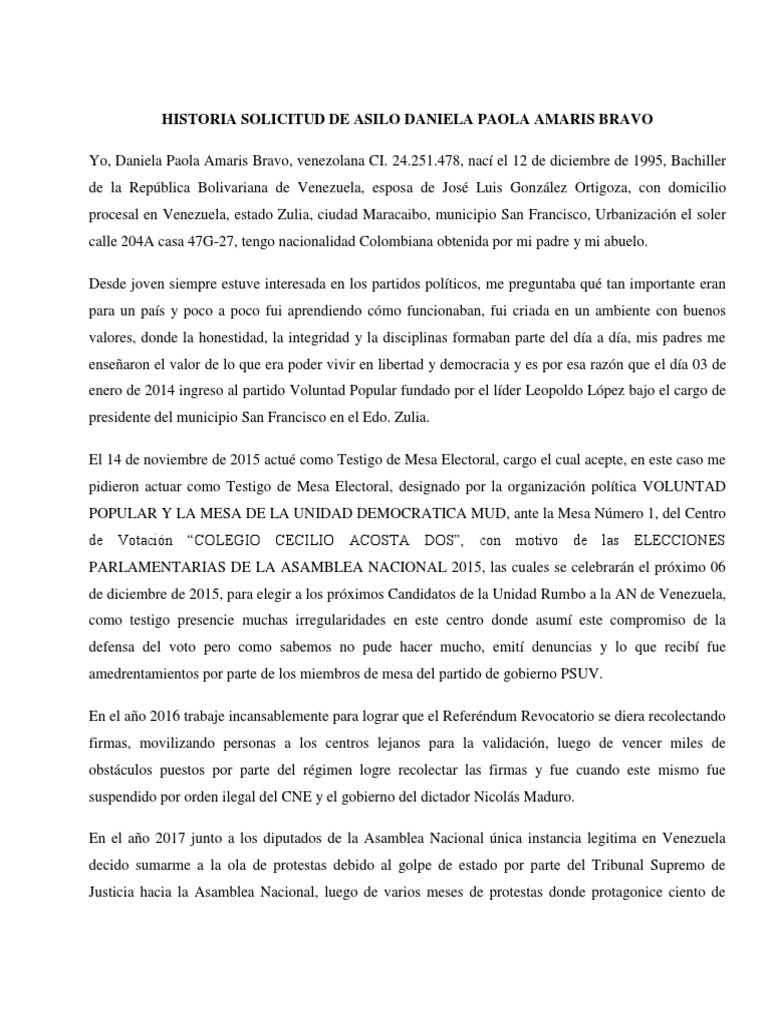 Solicitud de Asilo Daniela Amaris | PDF | Nicolás Maduro | Venezuela