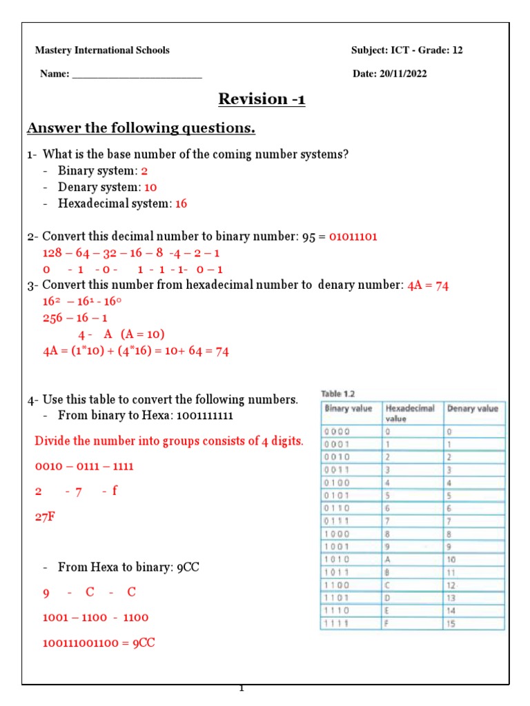 Revision On Binary & Hexa - Answers | PDF | Html | Internet & Web
