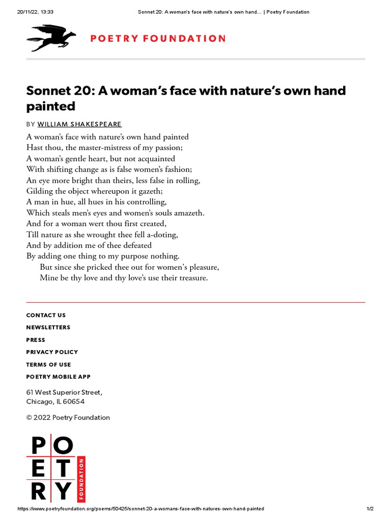 Sonnet 20 - A Woman's Face With Nature's Own Hand - Poetry Foundation | PDF