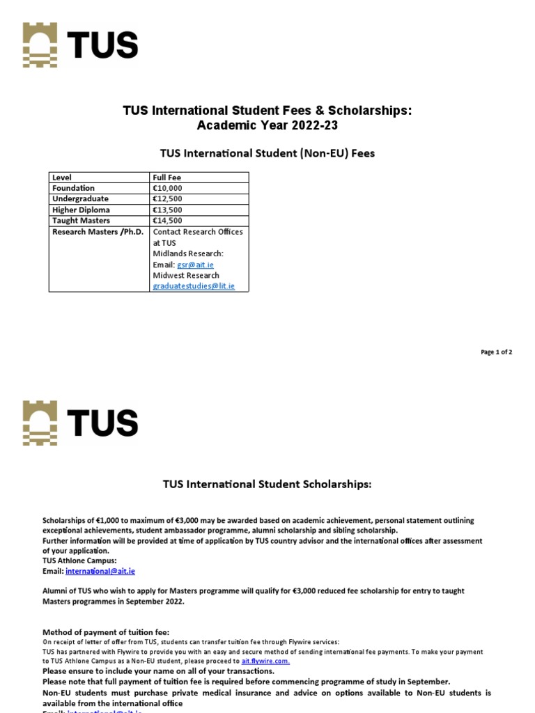 TUS Tuition Fee and Scholarships 2022 | PDF