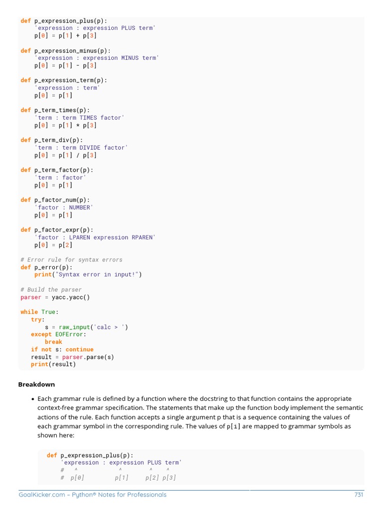 Python Parser Grammar Rules With Semantic Actions Pdf