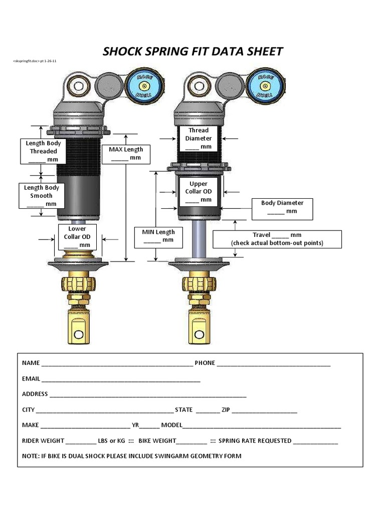 Shock Spring Specifications and Fit Data Sheet | PDF