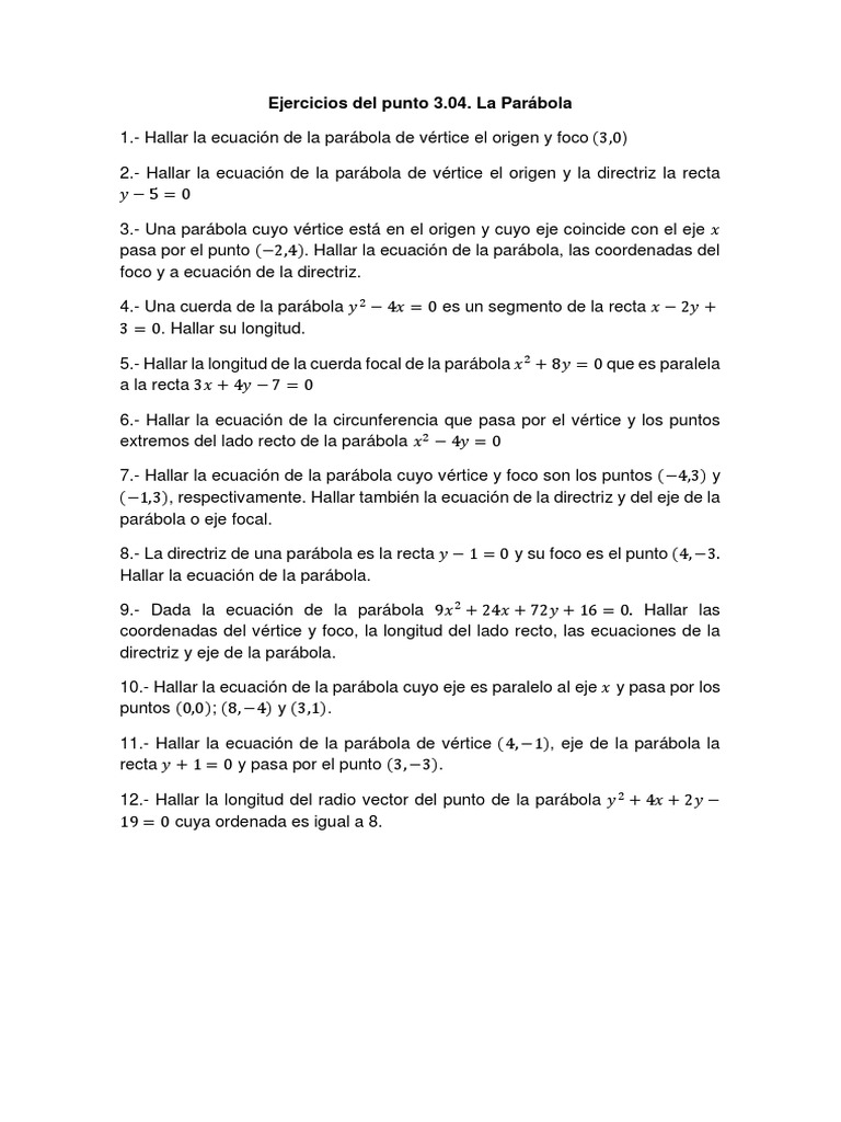 Ejercicios Del Punto 3.04. La Parábola | PDF