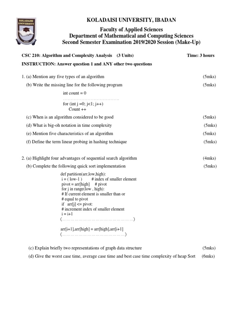 Csc 210 Exam 2019 2020 Batch B Pdf Algorithms Applied Mathematics