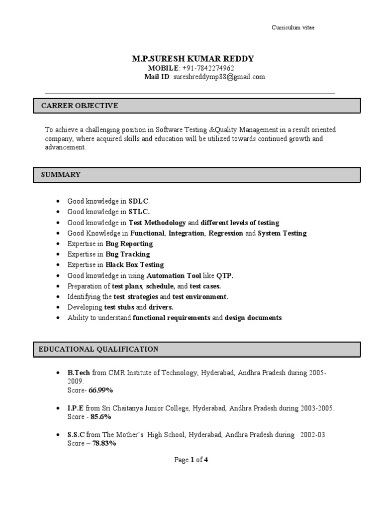 M.P.Suresh Kumar Reddy: Curriculum Vitae | PDF | Software Testing ...