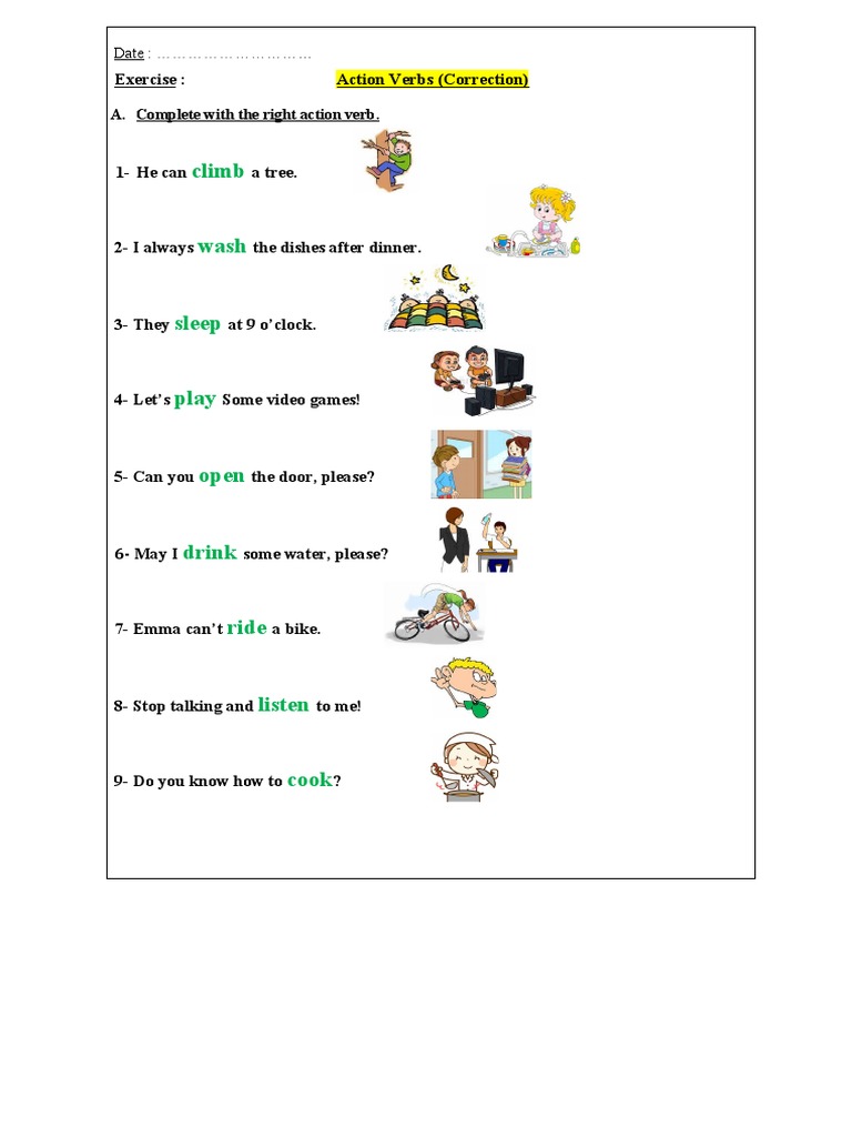 Correction - Action Verbs Exercises | PDF | Language Arts & Discipline ...