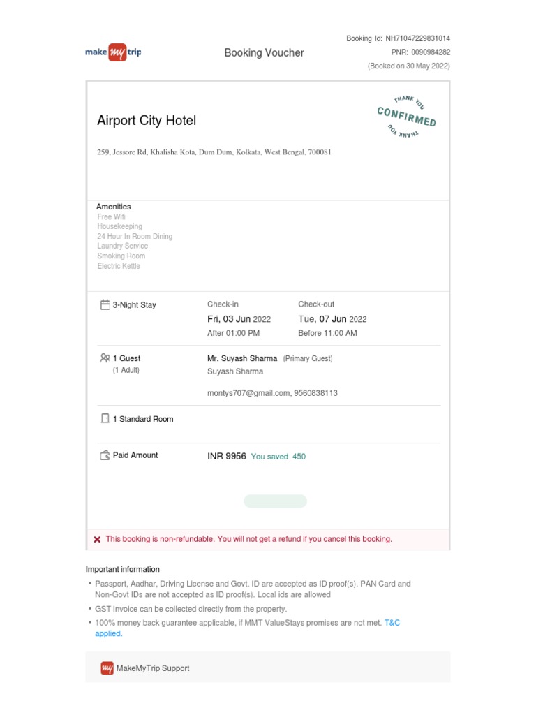 Booking Confirmation Voucher - MMT Kolkata | PDF