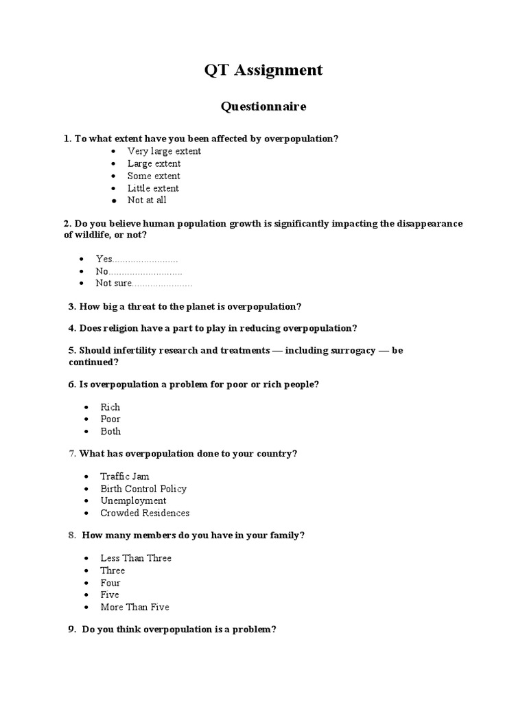 Questionnaire QT | PDF | Human Overpopulation | Family Planning