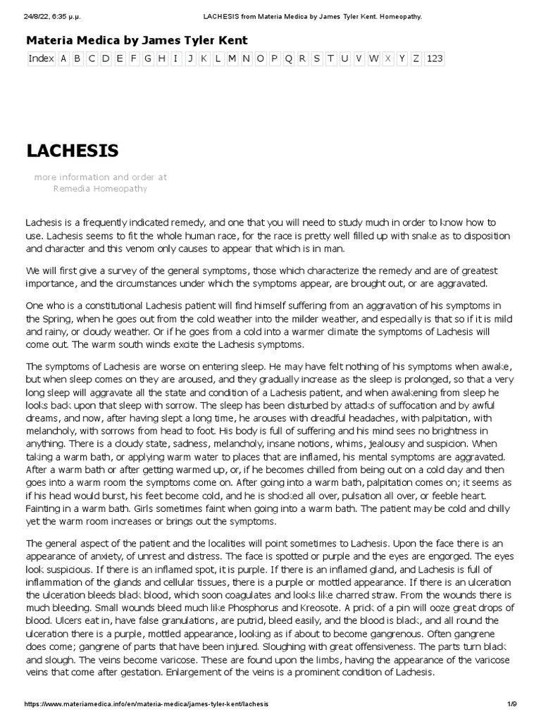 LACHESIS From Materia Medica by James Tyler Kent. Homeopathy | PDF ...