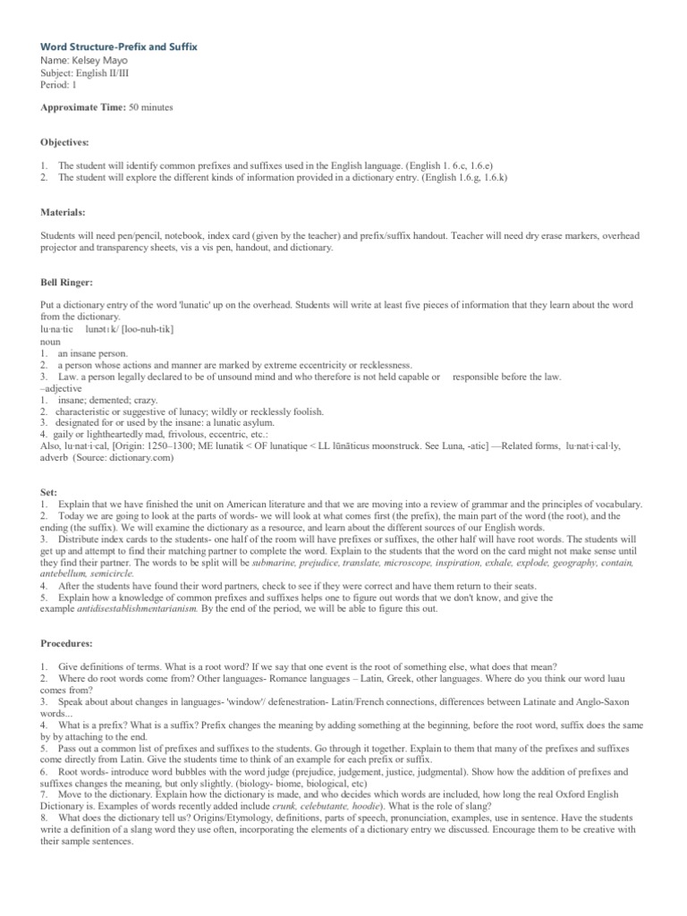 Word Derivatives Lesson Plan | PDF | English Language | Vocabulary