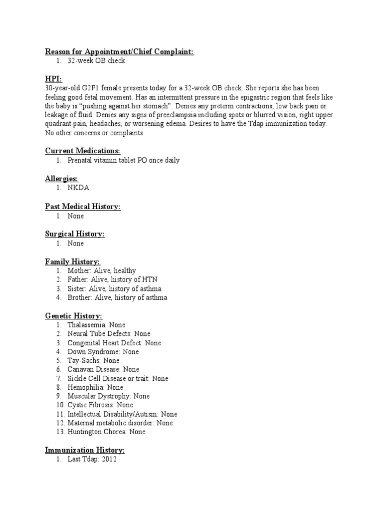 SOAP Note Example 32 Weeks OB Check | PDF | Pregnancy | Childbirth