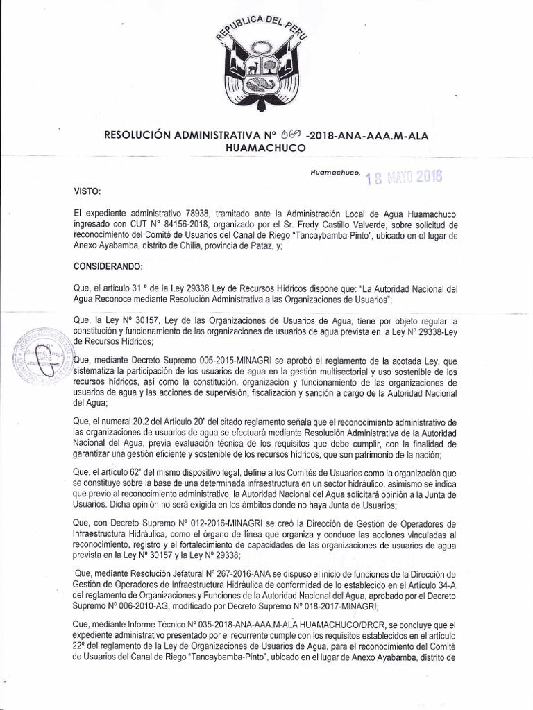 Modelo de Resolucion ANA | Descargar gratis PDF | Agua | Justicia