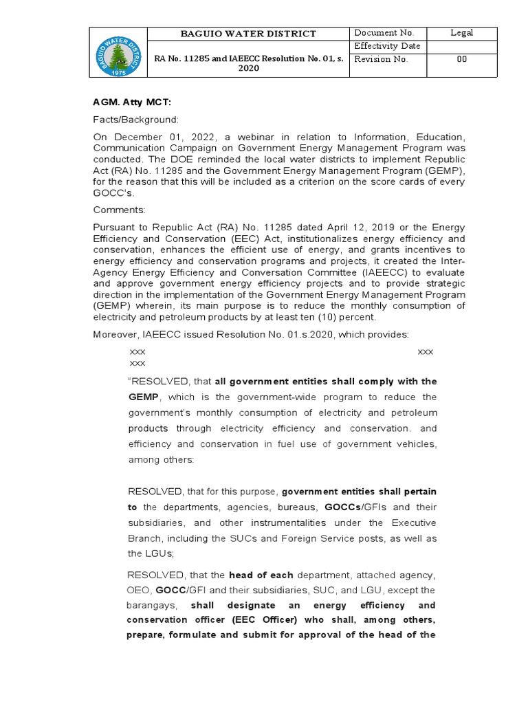 RA11285 IAEECCResolution1s2020 | PDF | Efficient Energy Use | Government