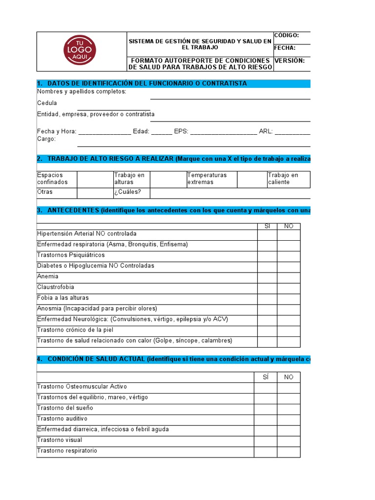 Formato Auto Reporte de Condiciones de Salud para Trabajos de Alto ...