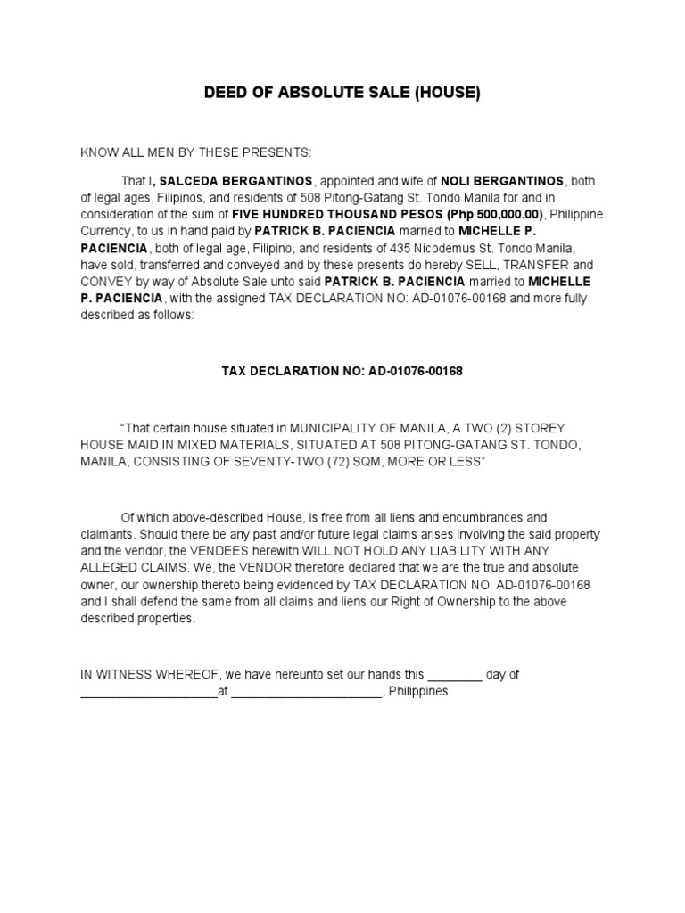 Deed of Absolute Sale House | PDF | Deed | Justice