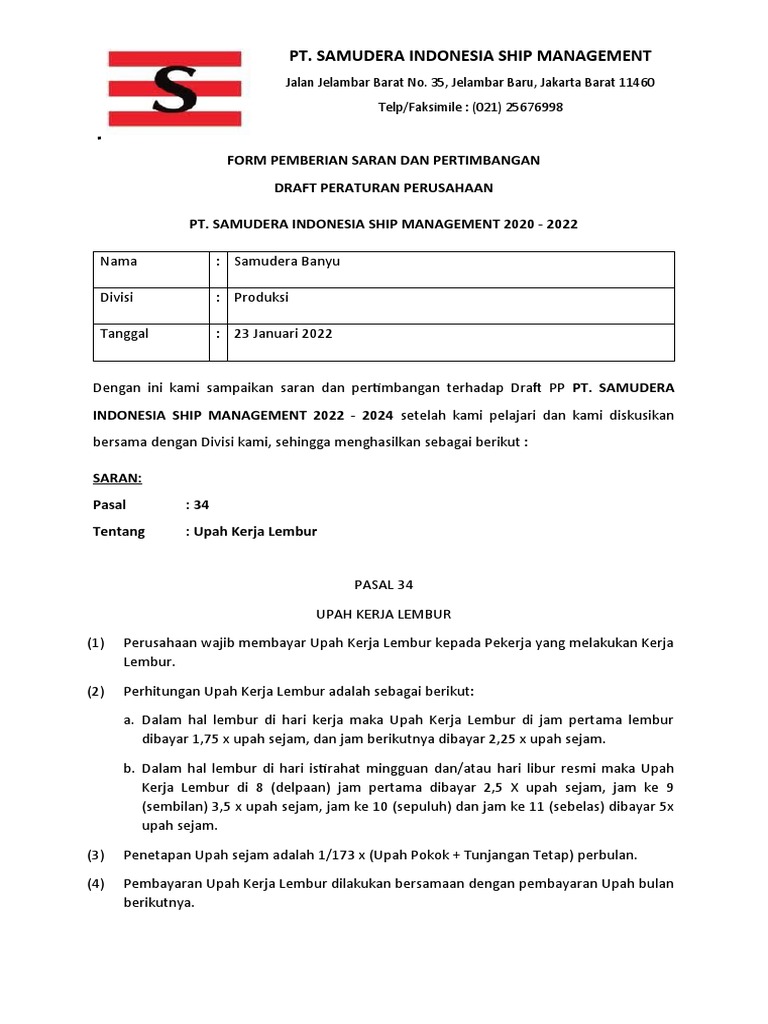DRAFT PERATURAN PERUSAHAAN PT. SAMUDERA INDONESIA SHIP MANAGEMENT 2020-2022 | PDF