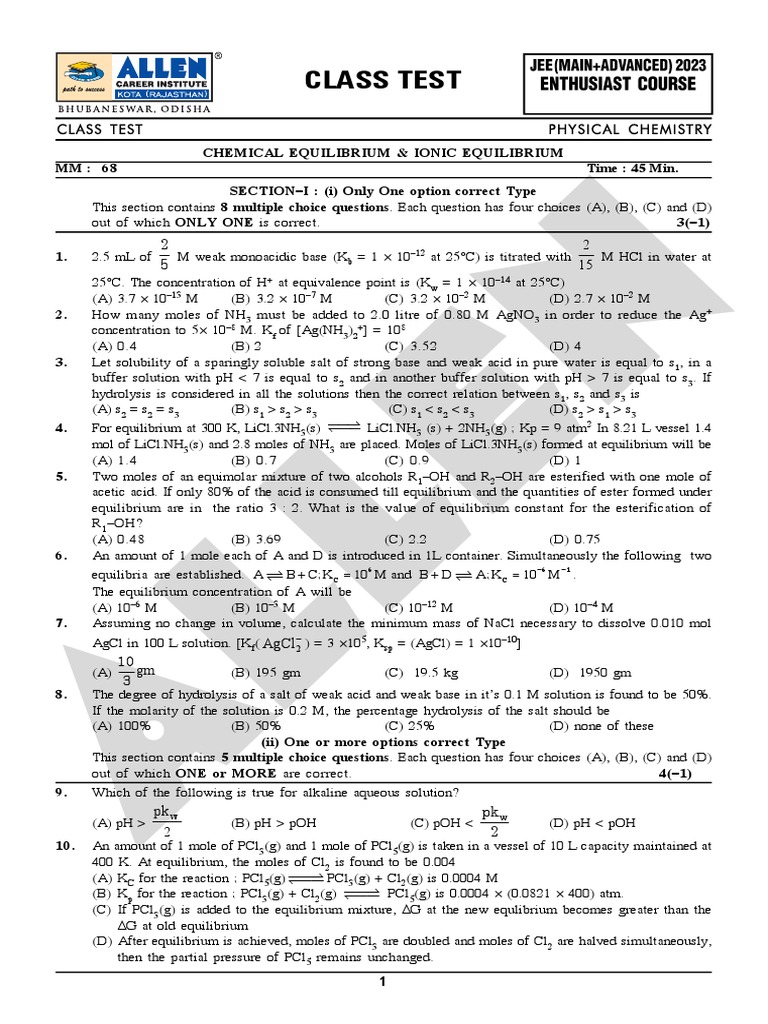 CHEMICAL EQUILIBRIUM TEST | PDF | Ph | Chemical Equilibrium