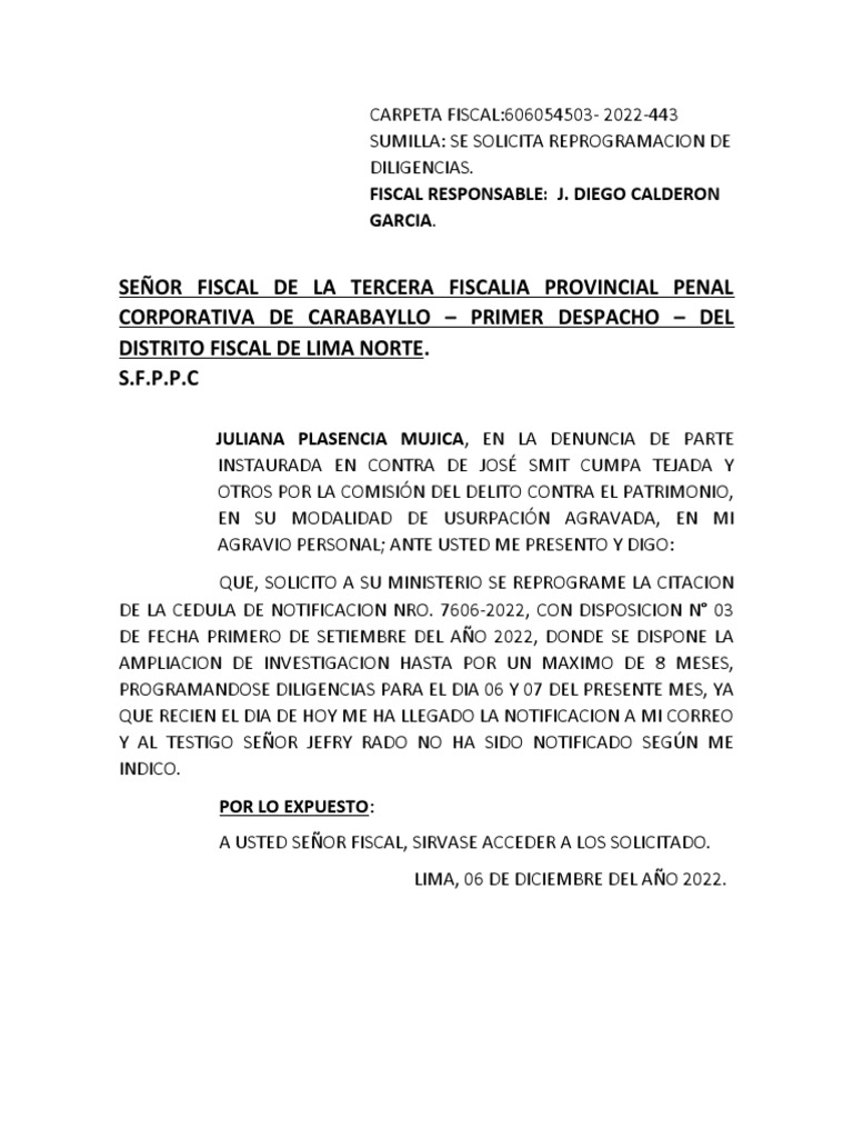Se Solicita Reprogramacion de Diligencias Juliana Plasencia 443-2022 | PDF | Derecho