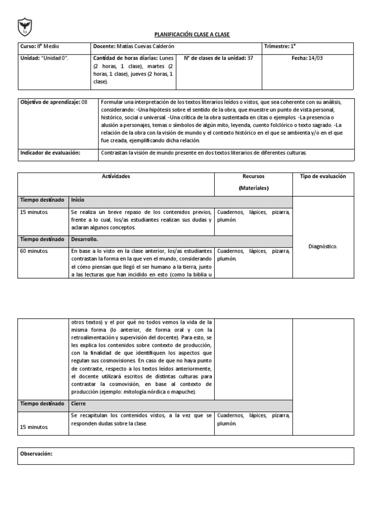 Planificación Clase A Clase - Ii° Medio - Lengua y Literatura | PDF | Evaluación | Folklore