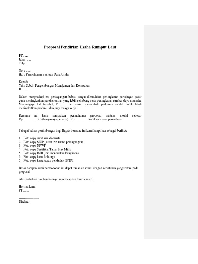 Proposal Pendirian Usaha Rumput Laut | PDF