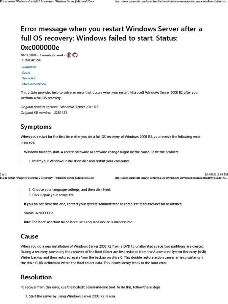 Windows Server Boot Error Fix 0xc000000e | PDF | Microsoft Windows | Booting