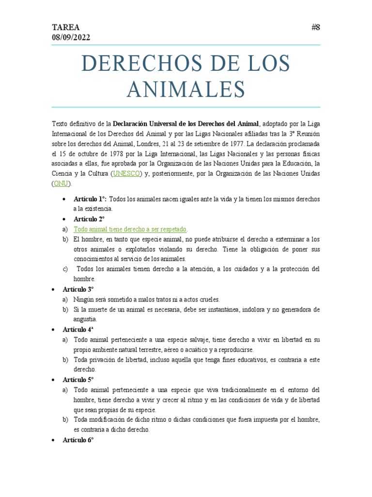 TAREA Nro 8 Derechos de Los Animales | PDF | Naciones Unidas ...