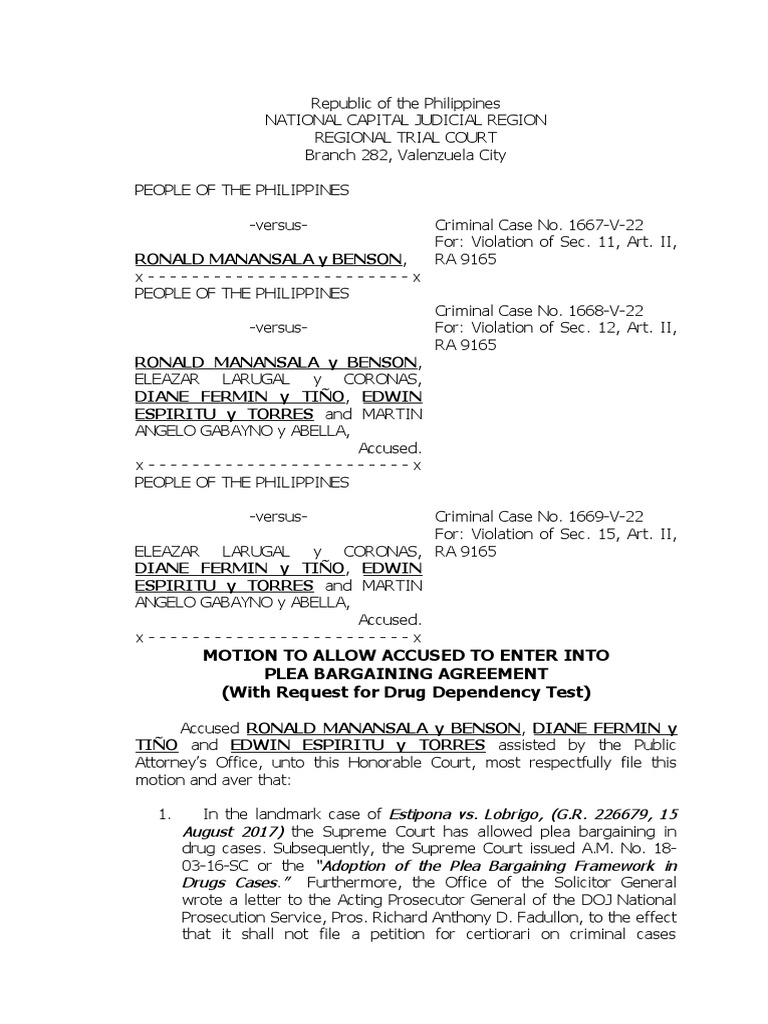 Plea Bargaining Motion in Drug Cases | PDF | Plea Bargain | Plea
