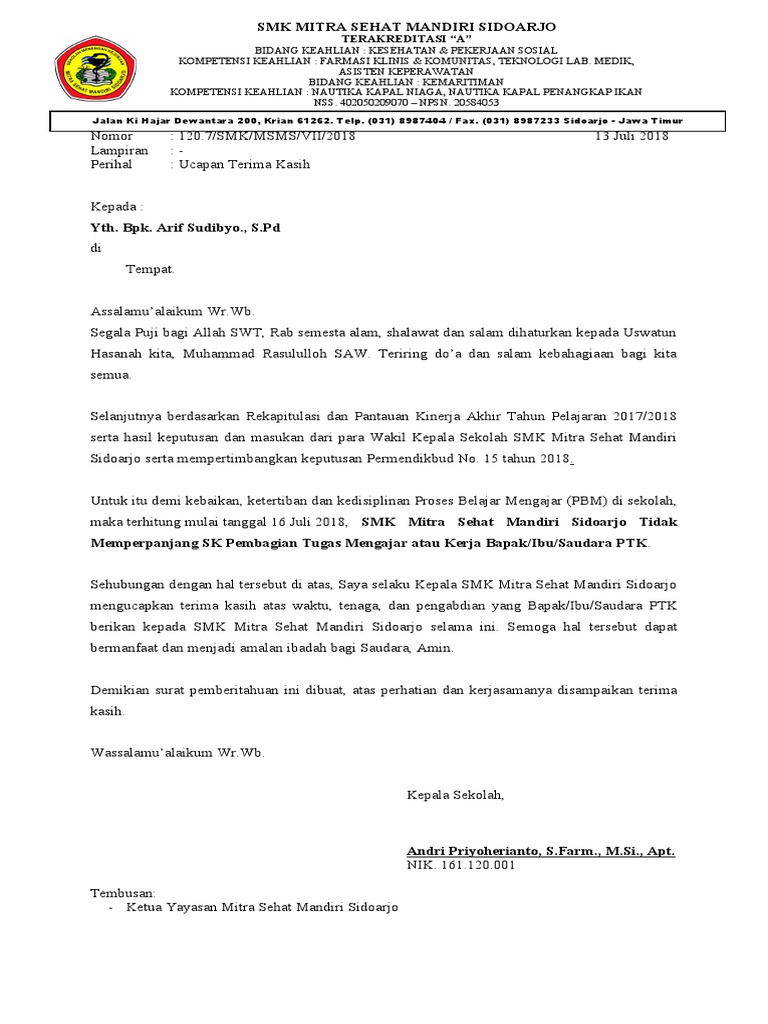 Pemberitahuan SK Tidak Diperpanjang PTK | PDF | Pengembangan Diri