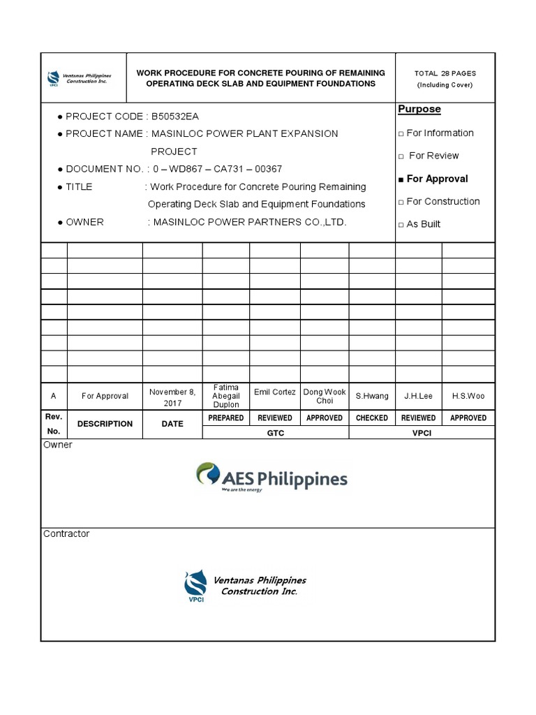 Work Procedure For The Concrete Pouring of Remaining Operating Deck Slab | PDF | Concrete ...