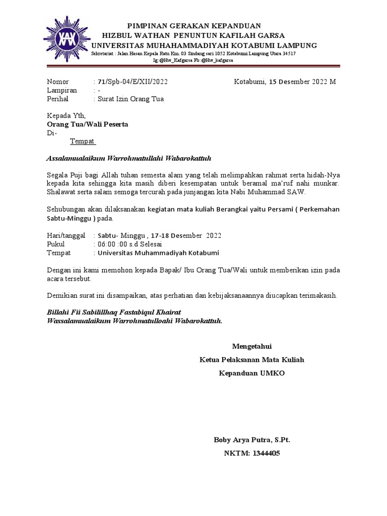 Surat Izin Orang Tua Persami Untuk Peserta NEW | PDF