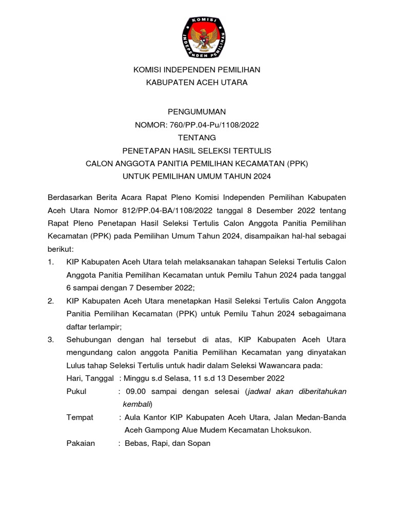 Penetapan Hasil Seleksi Tertulis Calon Anggota Panitia Pemilihan