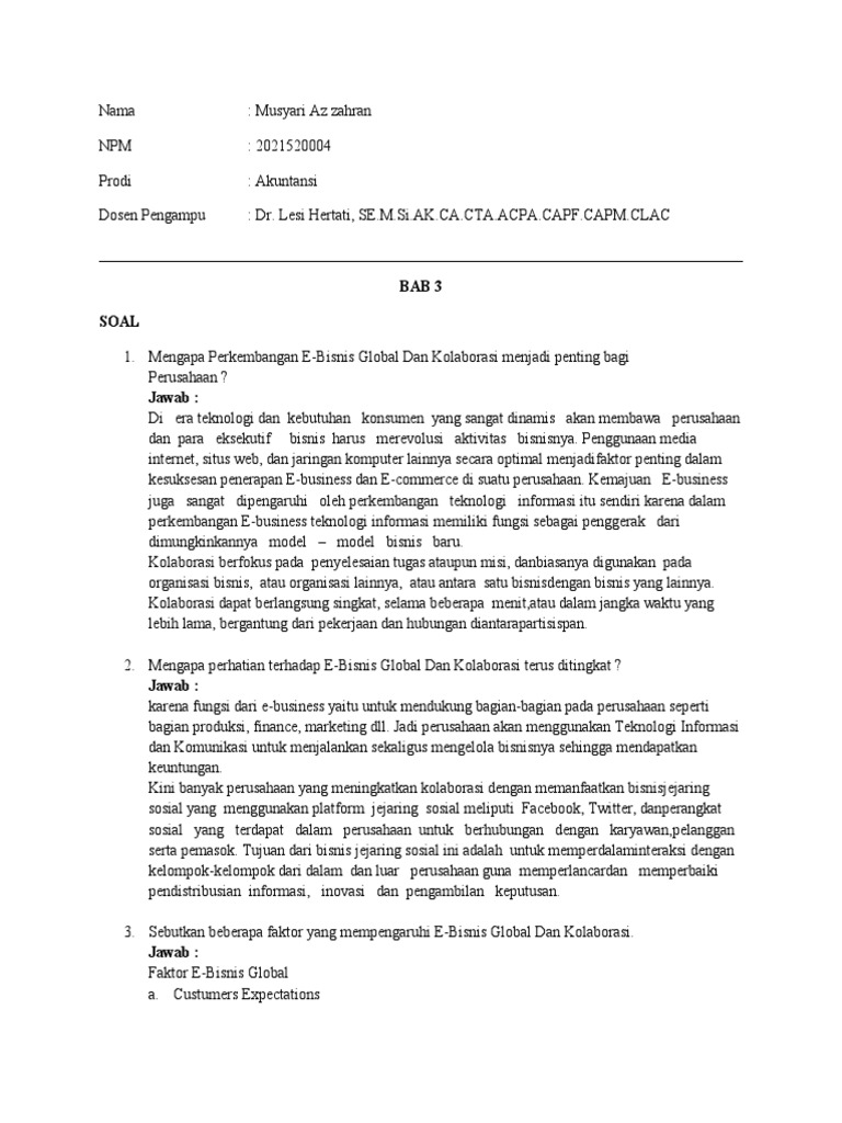 TUGAS SIM BAB 3 Soal Dan Kasus Musyari Az Zahran | PDF | Karier & Perkembangan | Bisnis