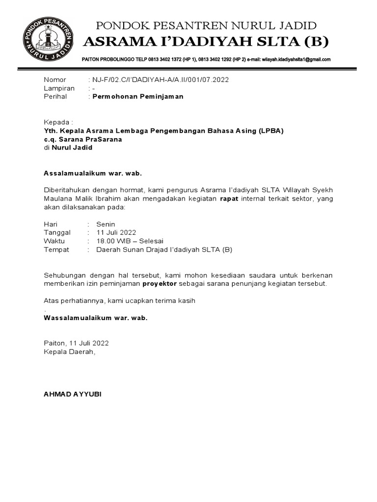 Surat Peminjaman Proyektor | PDF