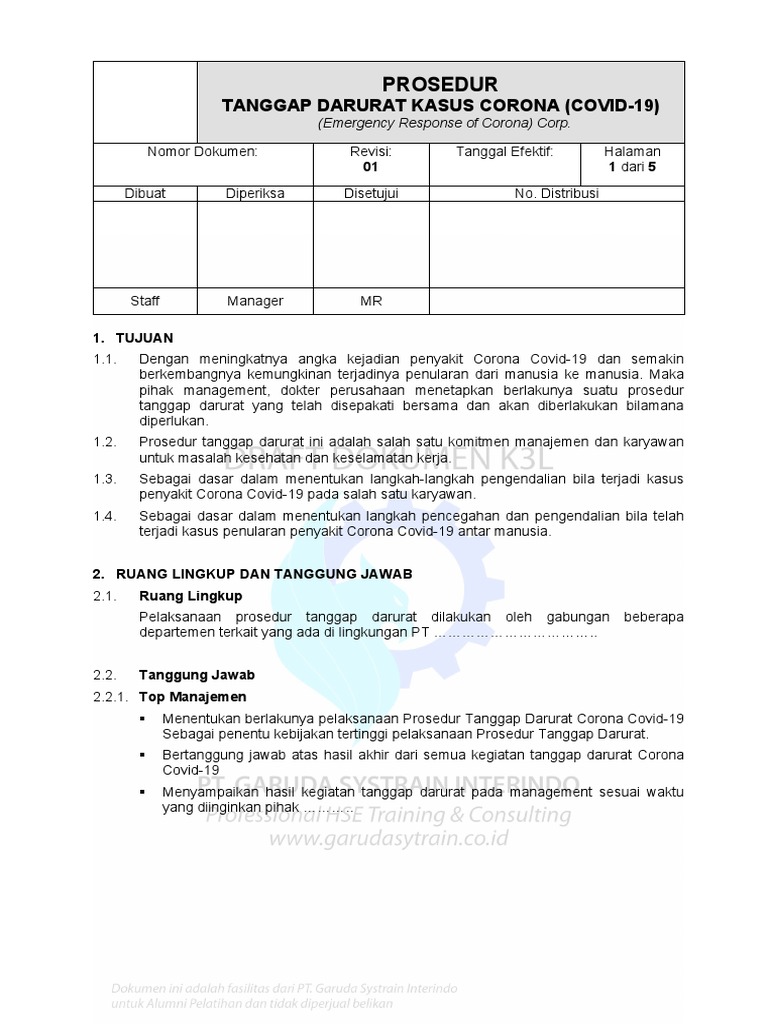SOP Tanggap Darurat Corona Covid-19 - Template PT. Garuda Systrain ...