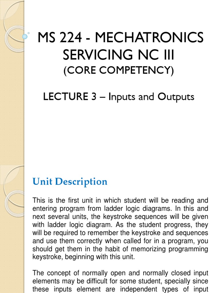 M3 (Mechatronics - Input & Outputs) | PDF | Switch | Programmable Logic Controller