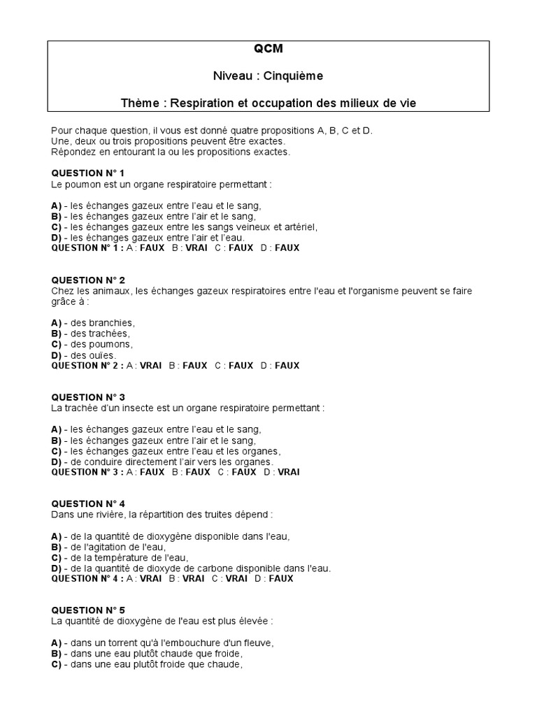 QCM sur la Respiration en SVT 5ème | PDF | Branchie | Respiration