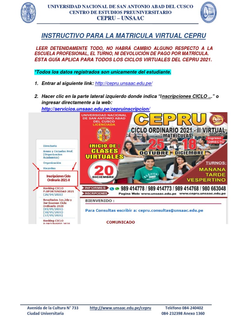 INSTRUCTIVO MATRÍCULA CEPRU 2021 v2 | PDF