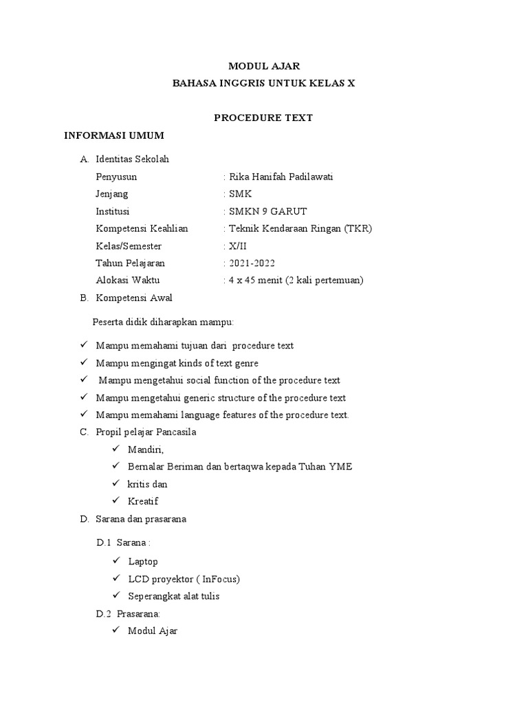 MODUL AJAR Procedure Text Kelas X Hasil Revisi | PDF | Karier & Perkembangan | Sains & Matematika