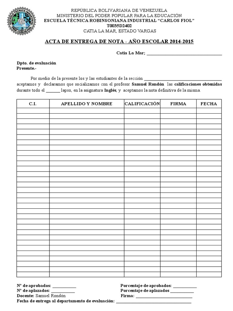 Acta de Entrega de Notas | PDF