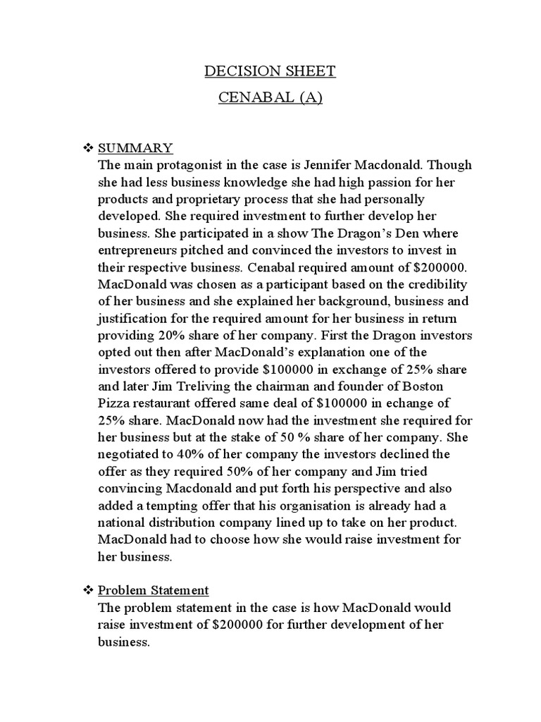 Cenabal (A) Decision Sheet | PDF | Investing | Equity (Finance)