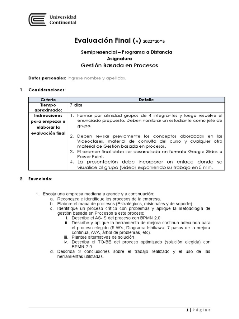 EvaluaciÃ N Final - GestiÃ N Basada en Procesos 2022-20B | PDF | Informática