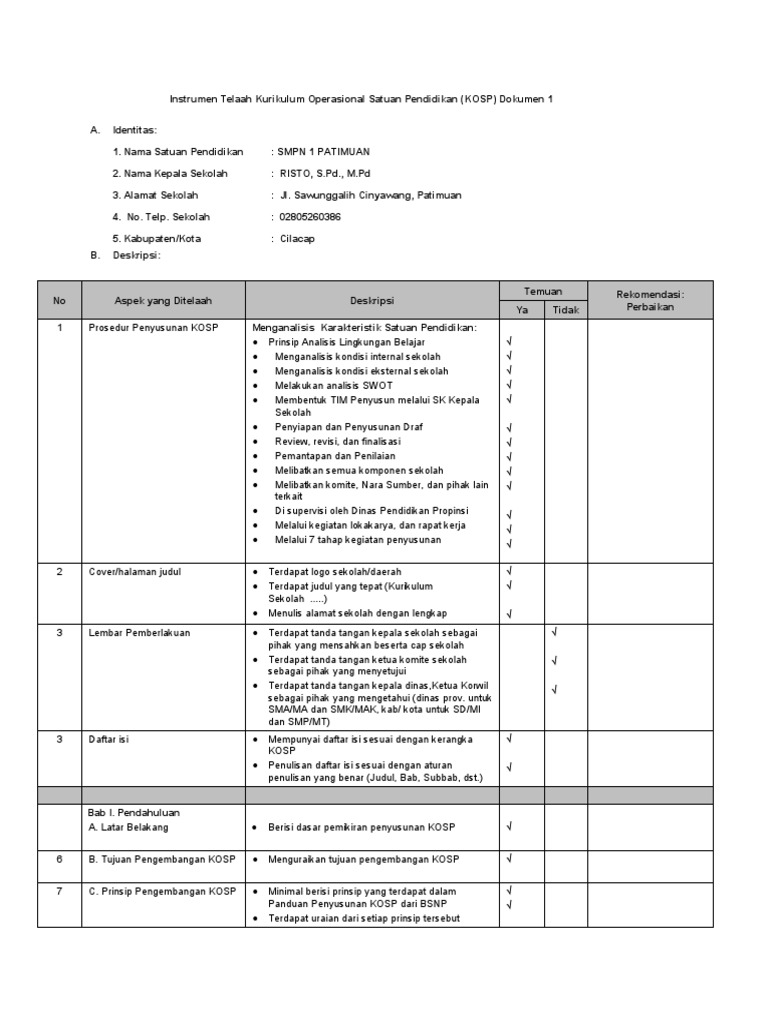 Instrumen Penelaahan KOSP | PDF