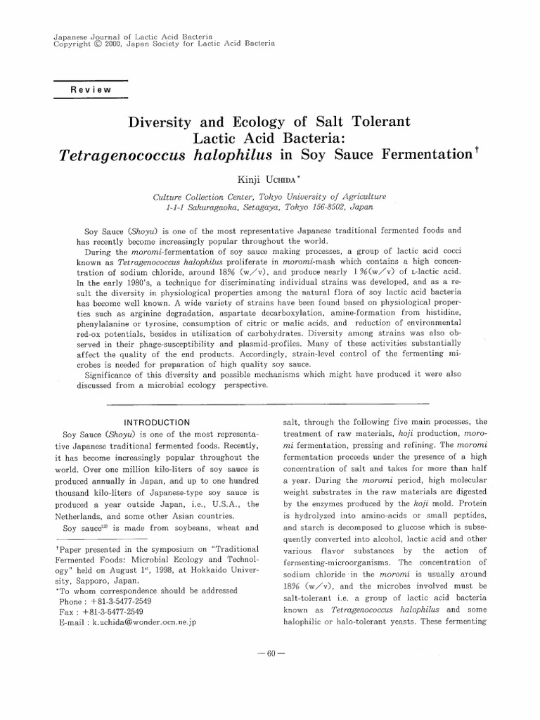 Tetragenococcus Halophilus in Soy Sauce Fermentation | PDF ...