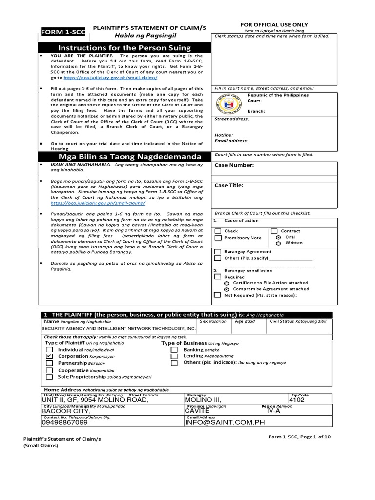FORM 01 - SCC Statement of Claim | PDF | Lawsuit | Notary Public
